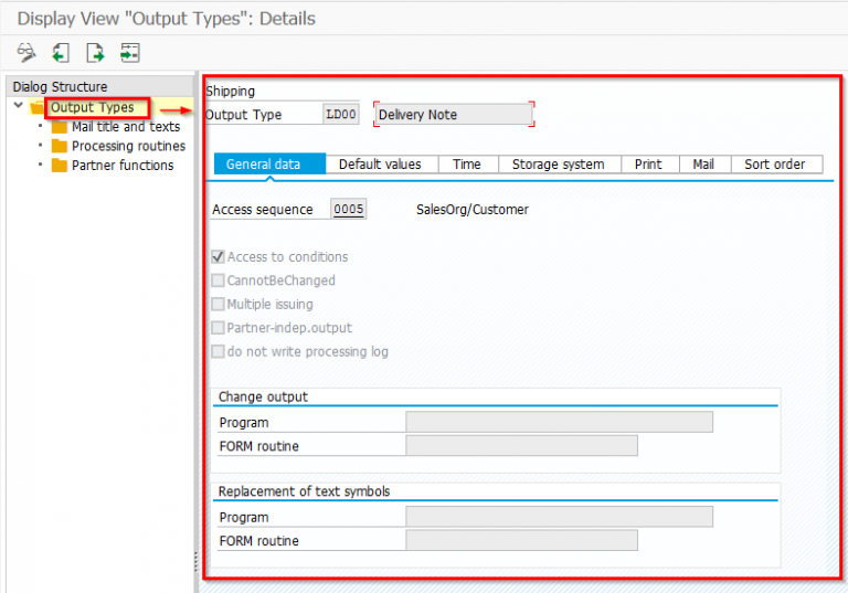 View the Output type settings in NACE